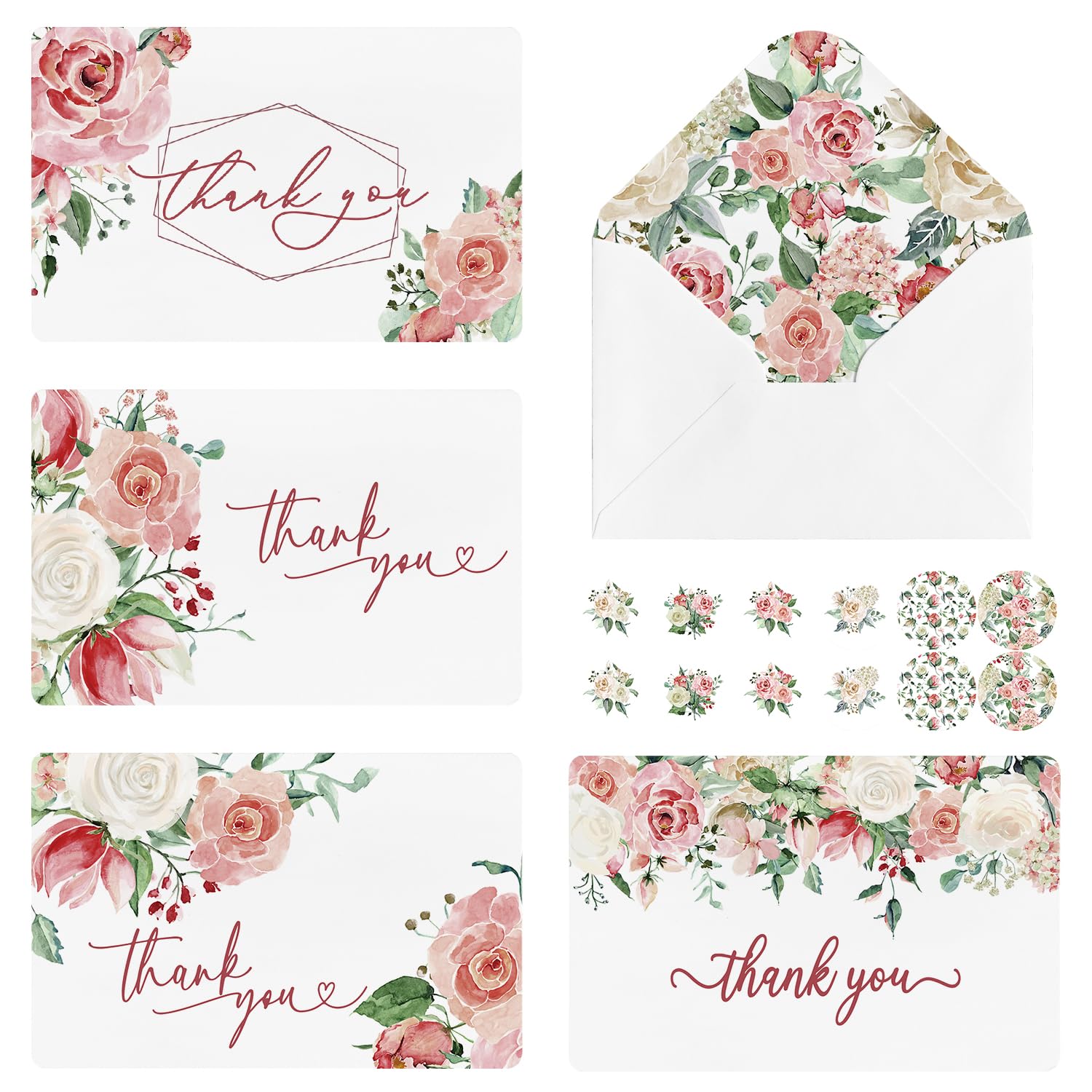 Artoid Mode 36 Pack Rose Floral Thank You Cards Wedding Greeting Cards Gift With Envelope Sticker Blank Note Cards for Birthday Wedding Baby Shower Bridal Shower, 4 x 6 Inch