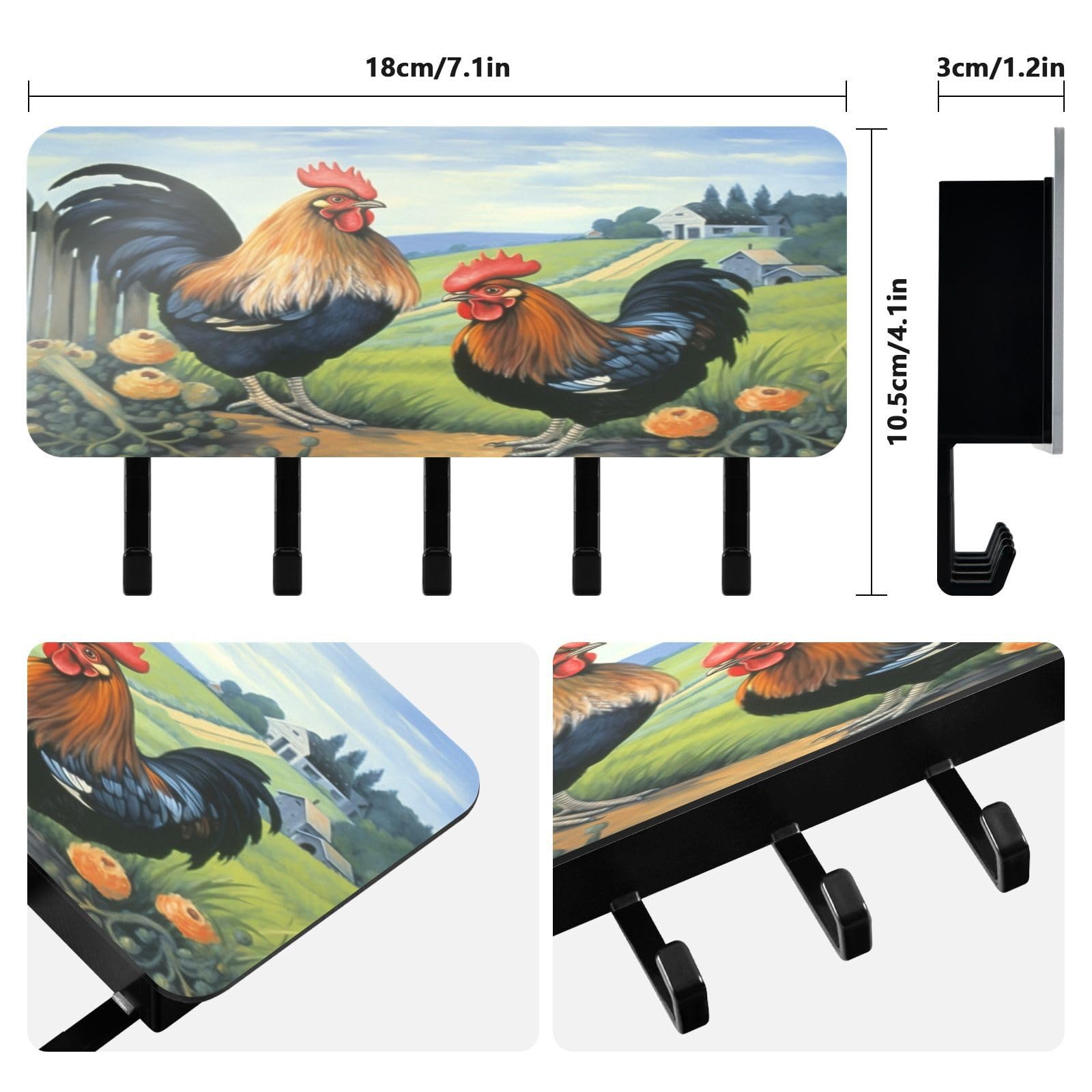 Bulletgxll Rooster and Chicken Key Holder for Wall Mail Organizer Wall Mount with 5 Hooks Acrylic Key Rack for Entryway Kitchen Home Decor