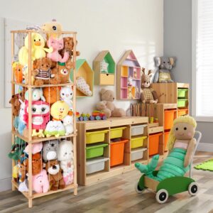 ACEPRUT Wood Stuffed Animal Storage, Space Save Three Tier Vertical Large Stuffed Animal Zoo Organizer for Playroom Bedroom