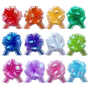 12pcs rainbow color pull bows for gift wrapping, 6 inches large gift bow, colorful laser ribbon decoration for flower bouquets and basket, aurora bows for birthday presents, anniversary, wedding