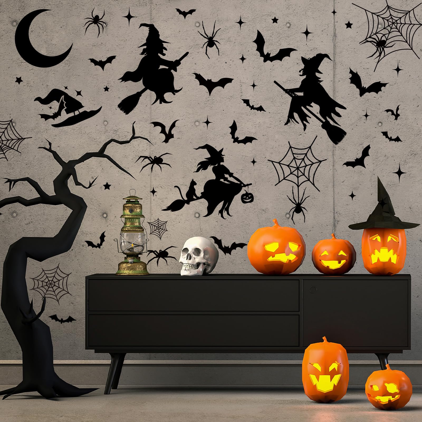 JarThenaAMCS Halloween Wall Stickers Black Witch Castle Spider Bat Wall Decals Removable Room Mural Stickers for Home Hocus Pocus Party Decor, 11.8 x 13.8 Inch, 8 Sheets