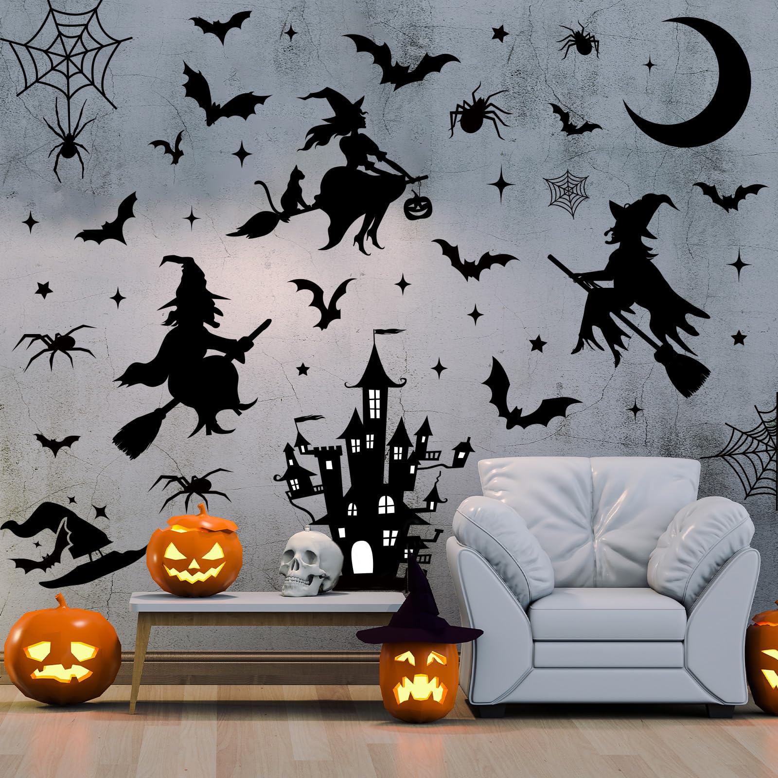 JarThenaAMCS Halloween Wall Stickers Black Witch Castle Spider Bat Wall Decals Removable Room Mural Stickers for Home Hocus Pocus Party Decor, 11.8 x 13.8 Inch, 8 Sheets