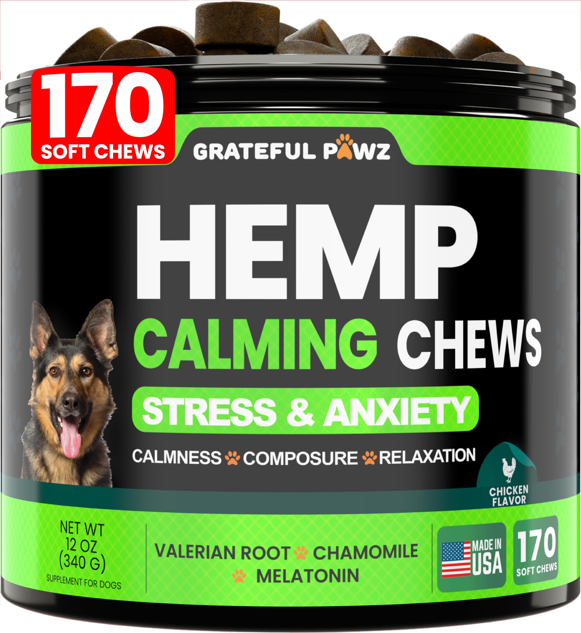 Hemp Calming Chews for Dogs - Dog Calming Chews - 170 Anxiety Relief Treats - Hemp Oil - Dog Calming Treats - Sleep Calming Aid - Advanced Calming Health Joint Support Supplement - Separation, Barking