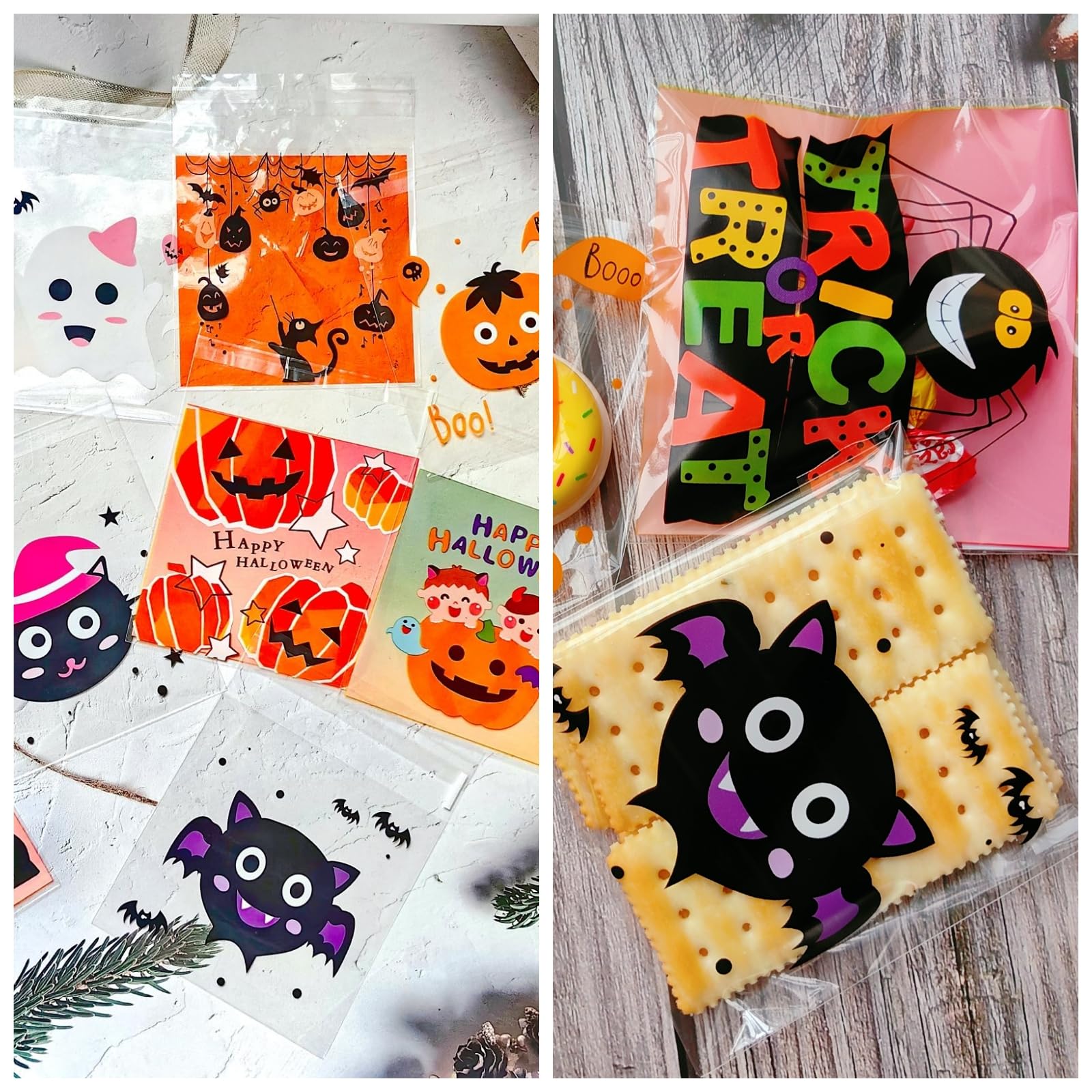 AXYEEUR 400 Pcs Halloween Candy Bags,Halloween Self Adhesive Clear Cookie Treat Bags,10 Styles Halloween Cellophane Bags for Party Favors Supplies