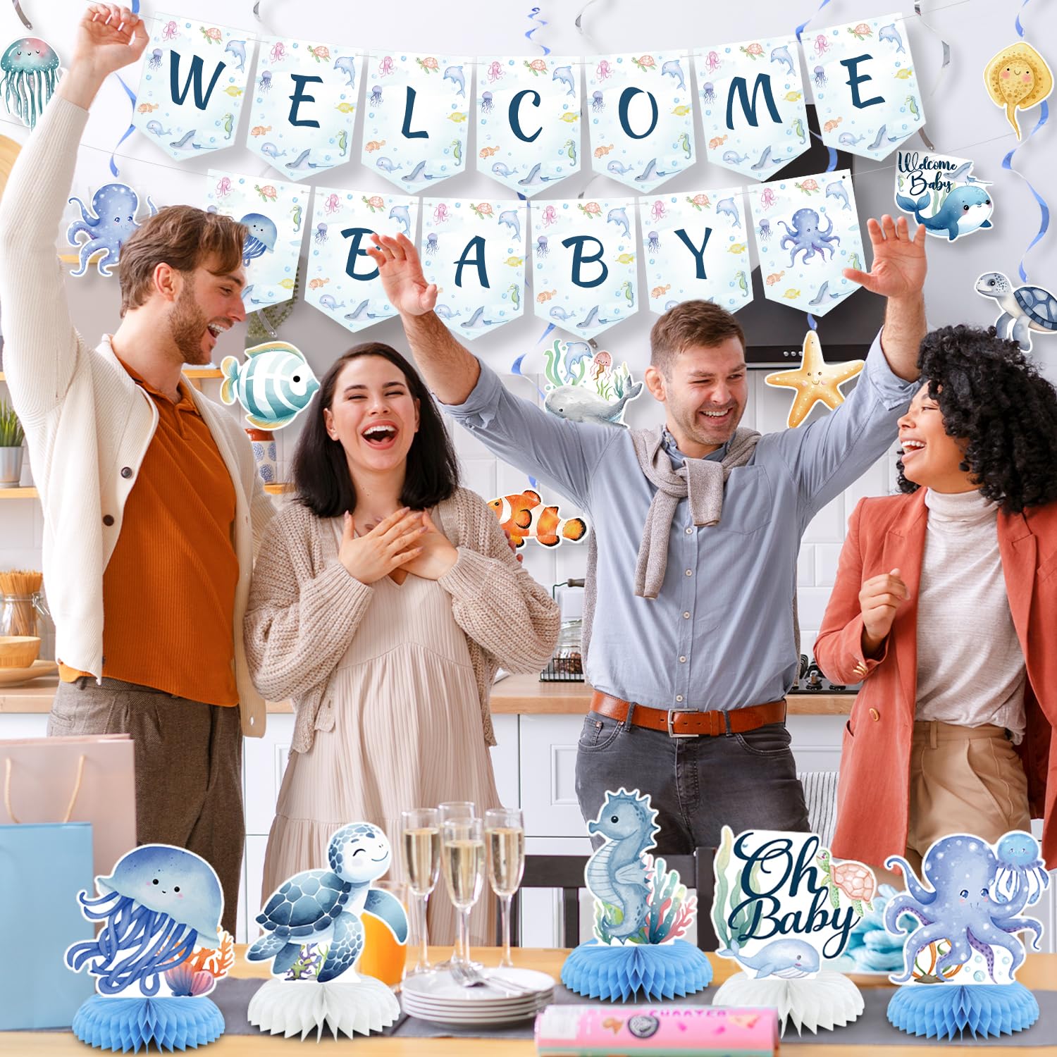 Under the Sea Baby Shower Decorations, Ocean Animals Decorations Include Welcome Baby Banner Hanging Swirls and Honeycomb Centerpiece, Under the Sea Baby Shower Supplies