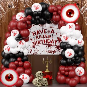 halloween balloon arch kit scary halloween birthday party decorations-red black white bloody hand balloons with have a killer birthday banner eye balloons for halloween theme party supplies