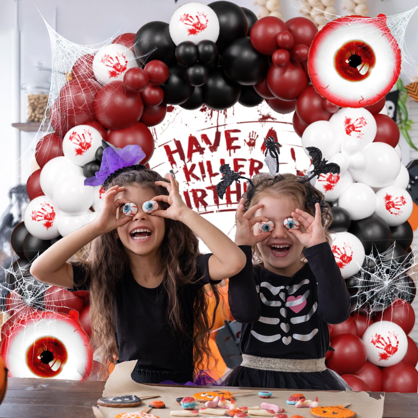 Halloween Balloon Arch Kit Scary Halloween Birthday Party Decorations-Red Black White Bloody Hand Balloons With Have a Killer Birthday Banner Eye Balloons For Halloween Theme Party Supplies