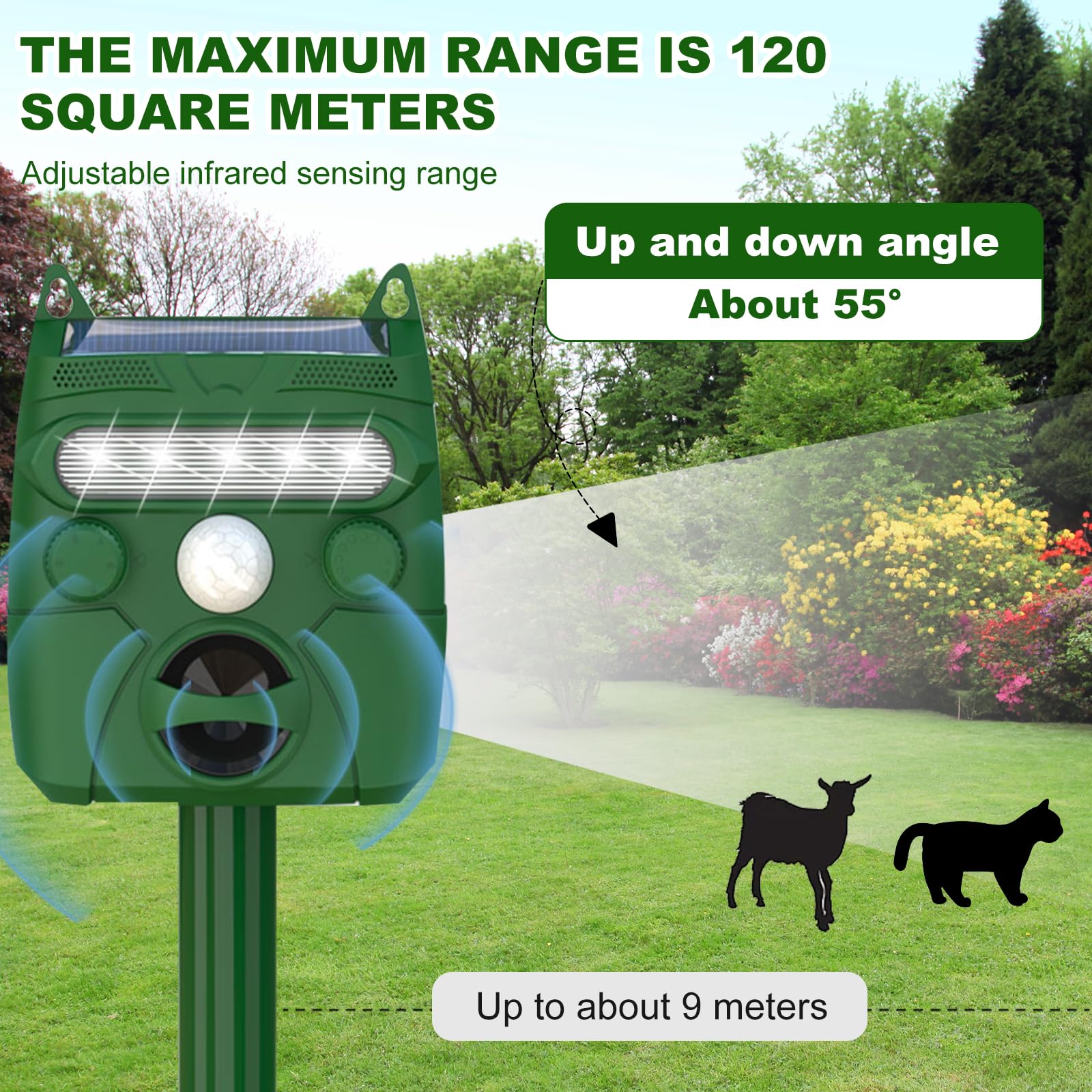 Upgraded Solar Animal Repellent,Cat Repellent Device,Deer Repellent,IP66 Waterproof Squirrel Repeller with Motion Sensor,Sound and LED Flashing,Repellent for Dog Bird Rabbit-Q548