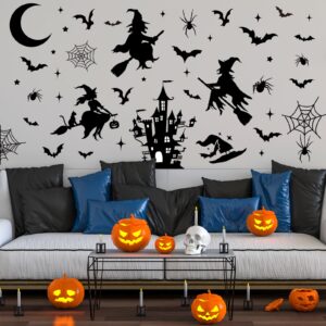 JarThenaAMCS Halloween Wall Stickers Black Witch Castle Spider Bat Wall Decals Removable Room Mural Stickers for Home Hocus Pocus Party Decor, 11.8 x 13.8 Inch, 8 Sheets