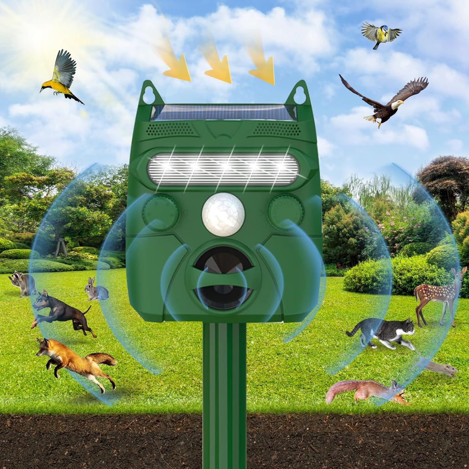 Upgraded Solar Animal Repellent,Cat Repellent Device,Deer Repellent,IP66 Waterproof Squirrel Repeller with Motion Sensor,Sound and LED Flashing,Repellent for Dog Bird Rabbit-Q548