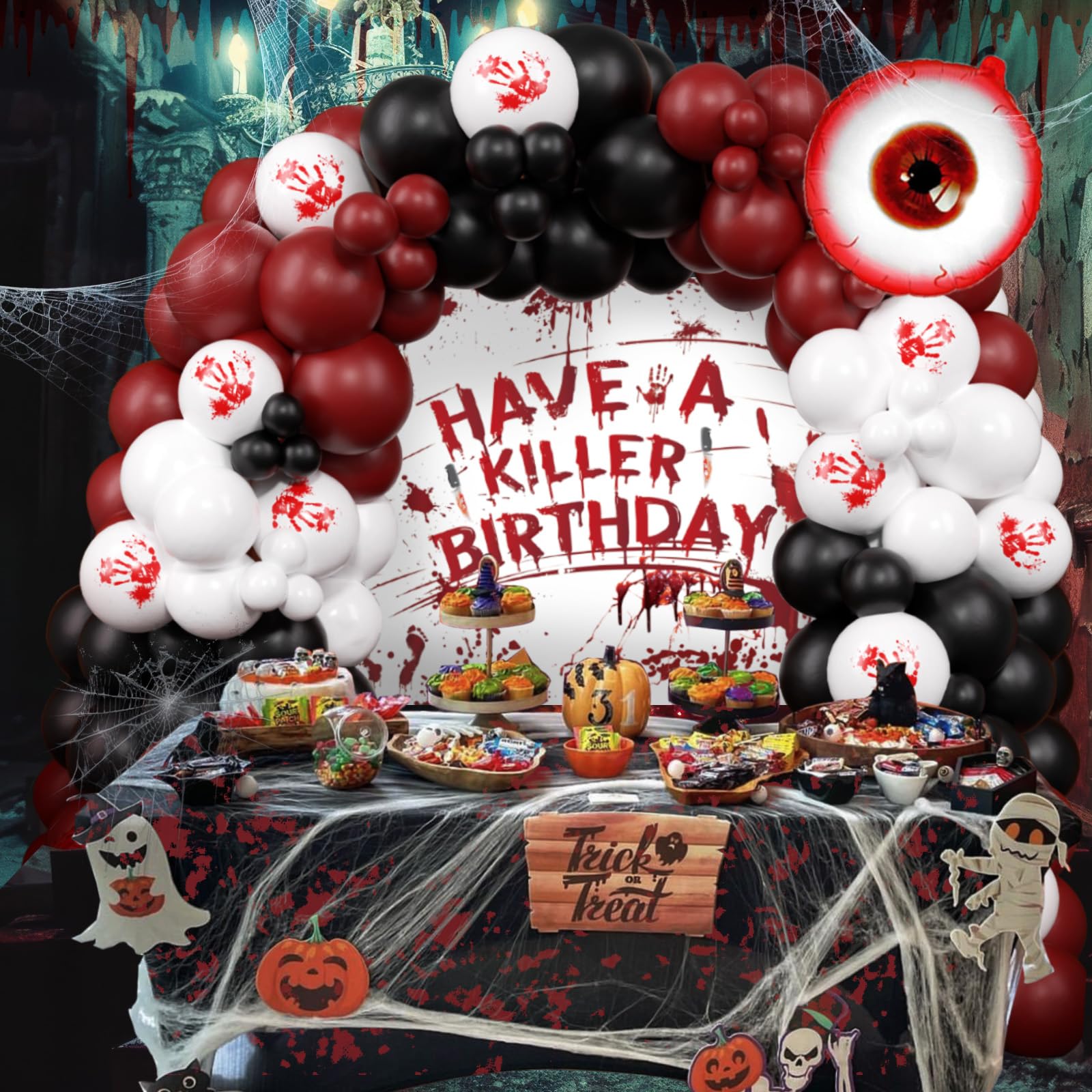 Halloween Balloon Arch Kit Scary Halloween Birthday Party Decorations-Red Black White Bloody Hand Balloons With Have a Killer Birthday Banner Eye Balloons For Halloween Theme Party Supplies