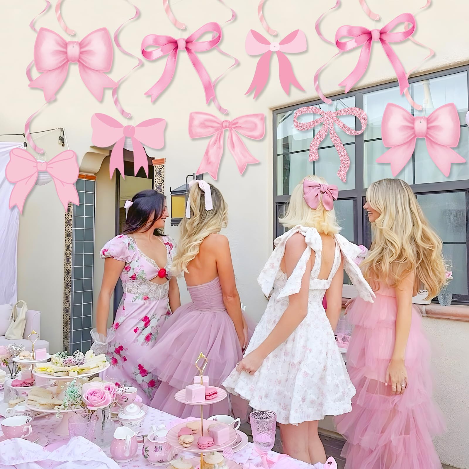 Pink Bow Party Hanging Swirls Decorations, Girl Bow Theme Birthday Party Decortions, Coquette Birthday Party Bow Party Decorations for Bow Birthday Baby Shower Bridal Shower Bachelorette Party Decor