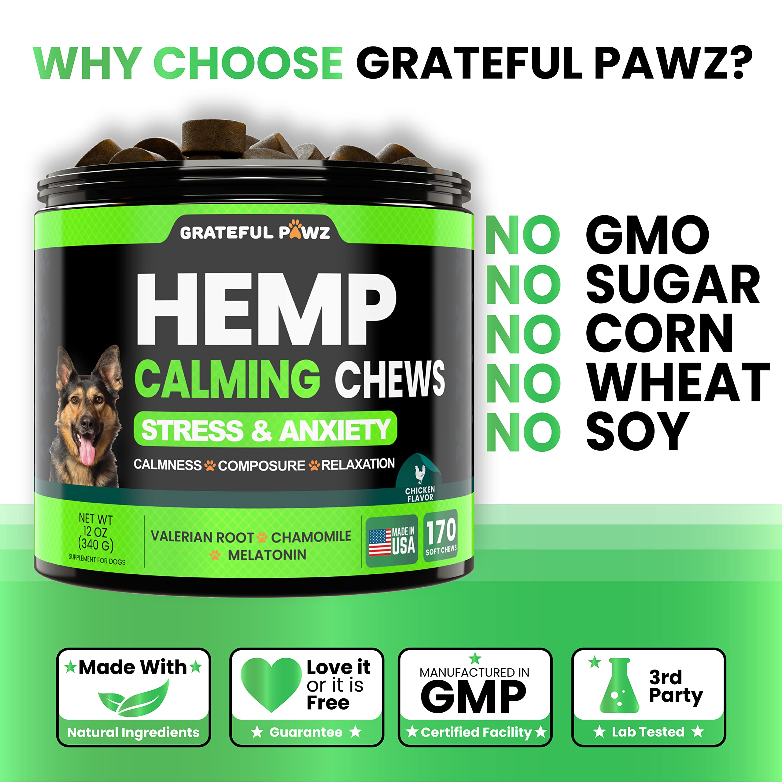 Hemp Calming Chews for Dogs - Dog Calming Chews - 170 Anxiety Relief Treats - Hemp Oil - Dog Calming Treats - Sleep Calming Aid - Advanced Calming Health Joint Support Supplement - Separation, Barking