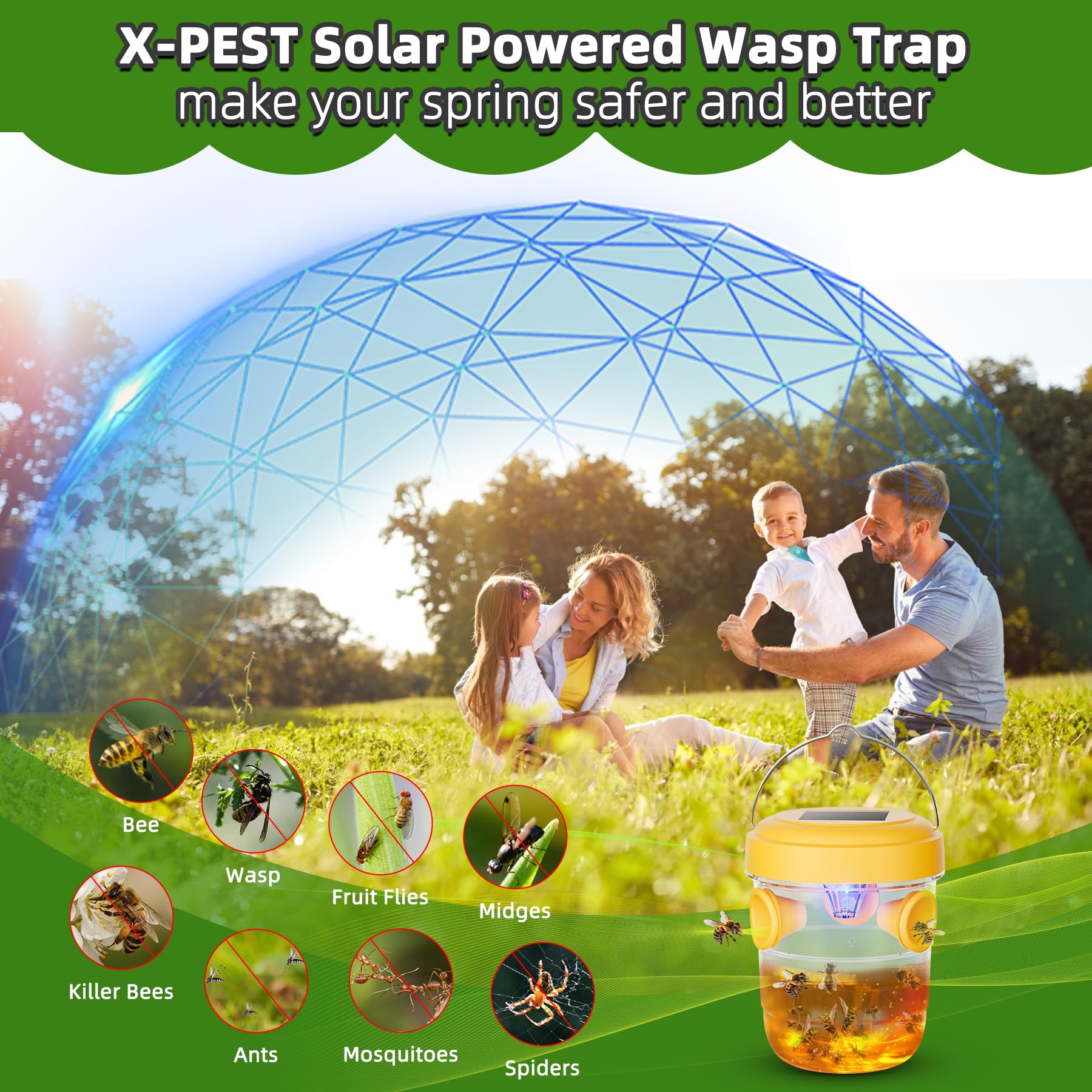 Wasp Traps Outdoor Hanging, Solar Powered Bee Traps 4 Packs, Yellow Jacket Traps-Carpenter Bee Traps for Outside, Wasp Deterrent Killer Reusable Yellow Jacket Hornet Catcher with LED Lights