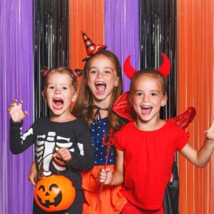 Ohiyoo Halloween Foil Fringe Curtains 3 Pack 3.3 X 6.6 ft Black Purple Orange Fringe Curtains Halloween Party Photo Backdrop Streamer Backdrop for Birthday Halloween Party Decoration (Style B)