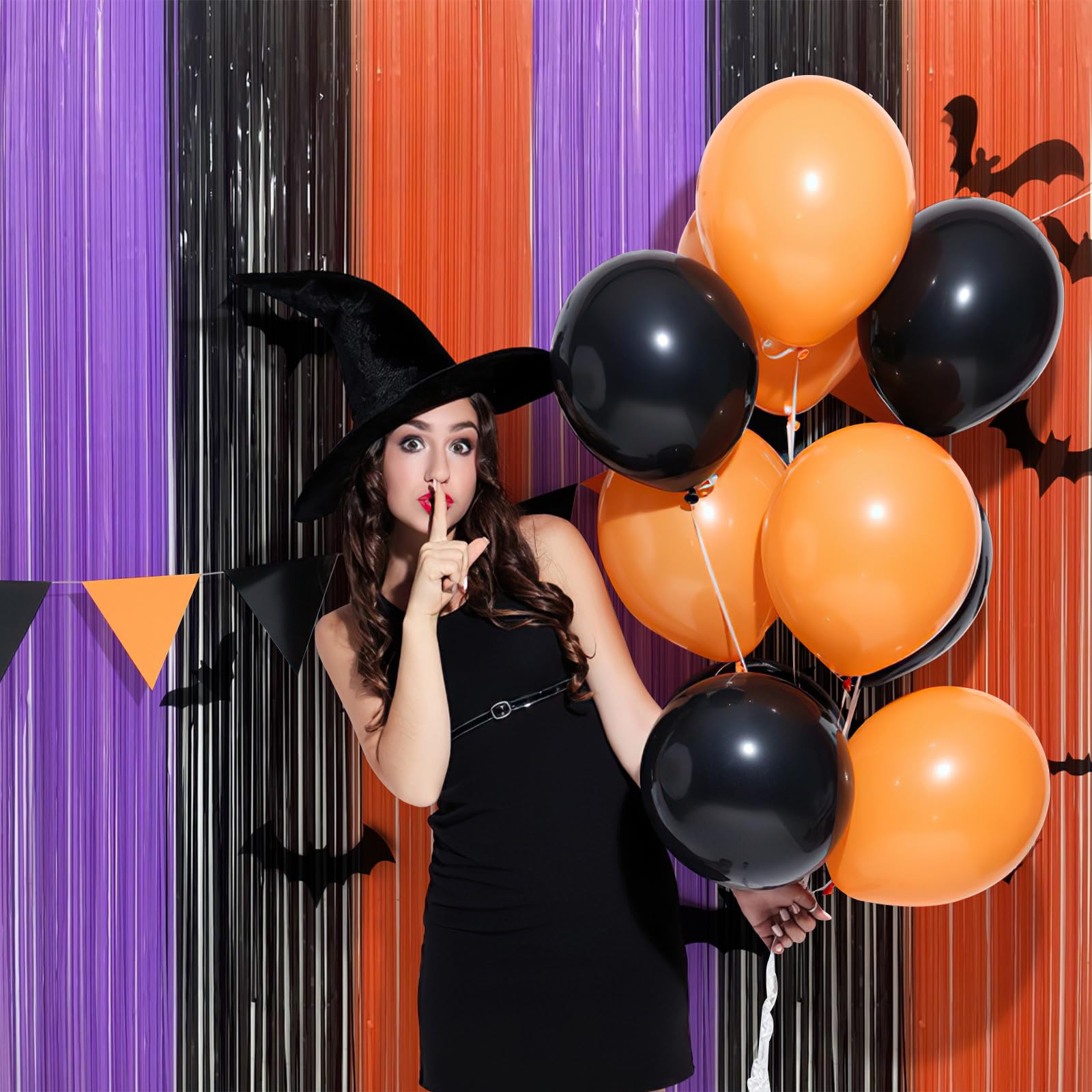 Ohiyoo Halloween Foil Fringe Curtains 3 Pack 3.3 X 6.6 ft Black Purple Orange Fringe Curtains Halloween Party Photo Backdrop Streamer Backdrop for Birthday Halloween Party Decoration (Style B)