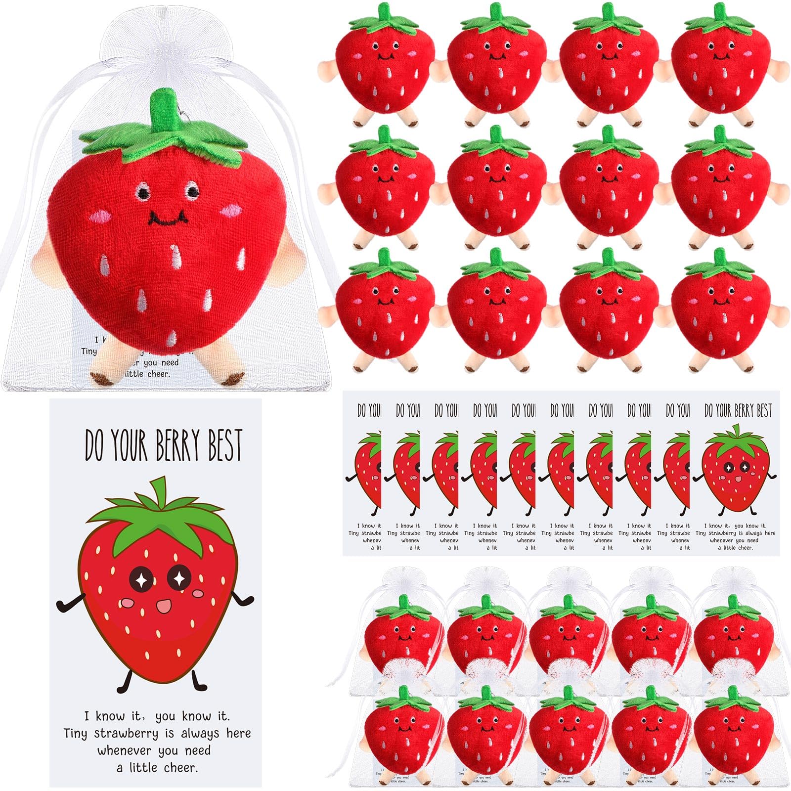 JellyArch 36 Pcs Employee Appreciation Gifts Bulk Fruit Keychain Positive Puns Card Organza Bags Coworker Thank You Gift(Strawberry Keychain)