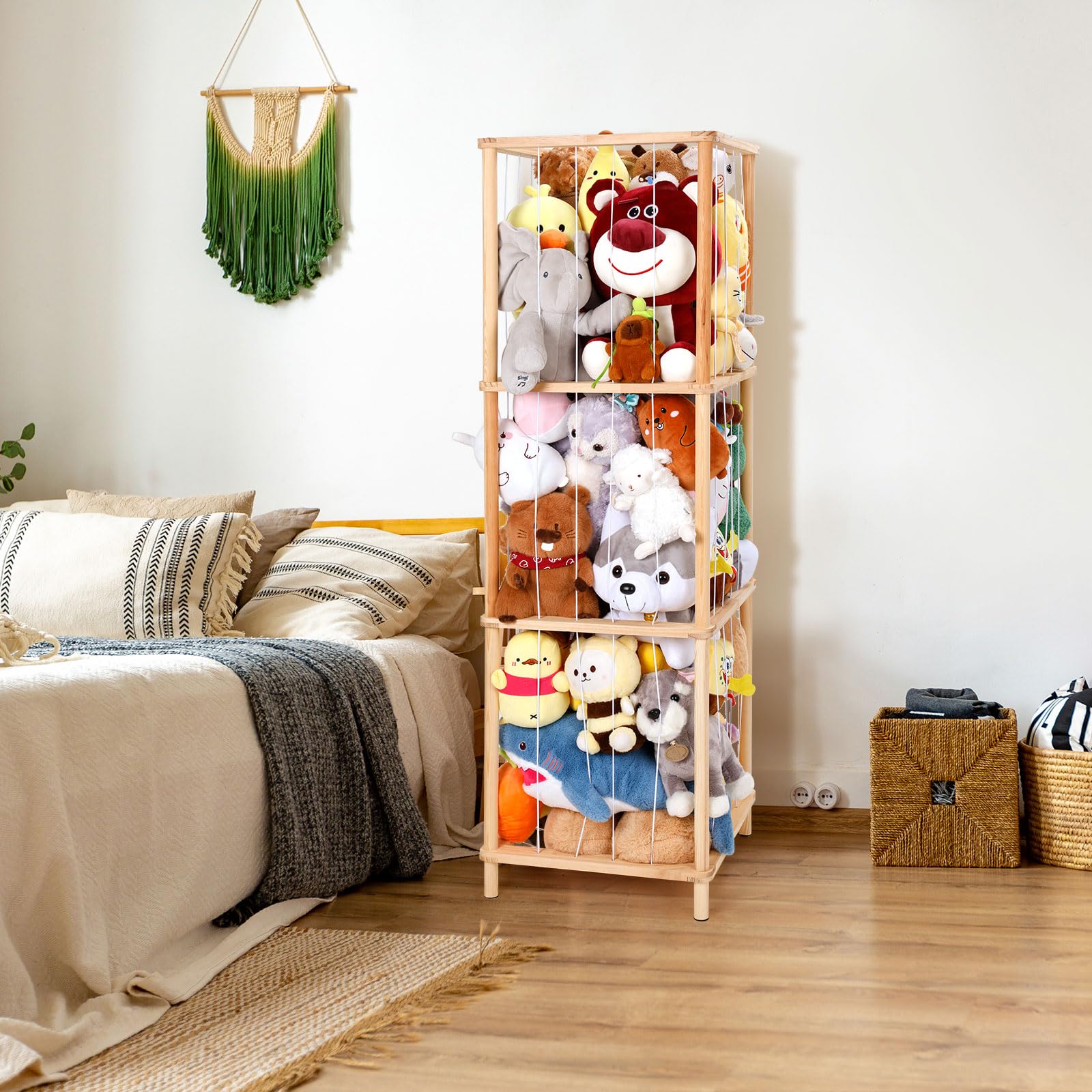 ACEPRUT Wood Stuffed Animal Storage, Space Save Three Tier Vertical Large Stuffed Animal Zoo Organizer for Playroom Bedroom