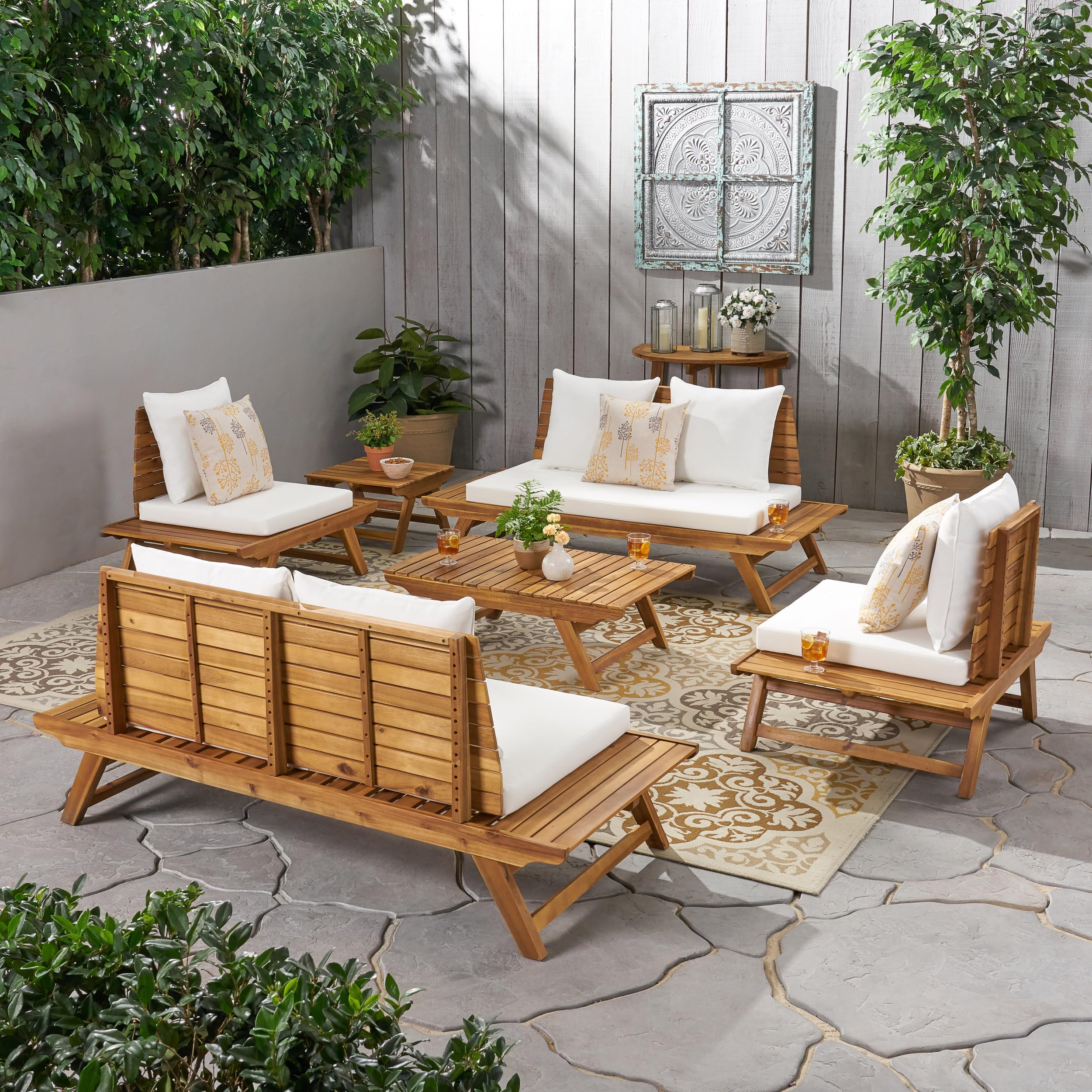 Christopher Knight Home Sedona Outdoor Acacia Wood 6 Seater Chair Loveseat Cushions Chat Patio Furniture Conversation Sets with Coffee Table, 37 "W x 28.25 "D x 29.5 "H, Teak + White