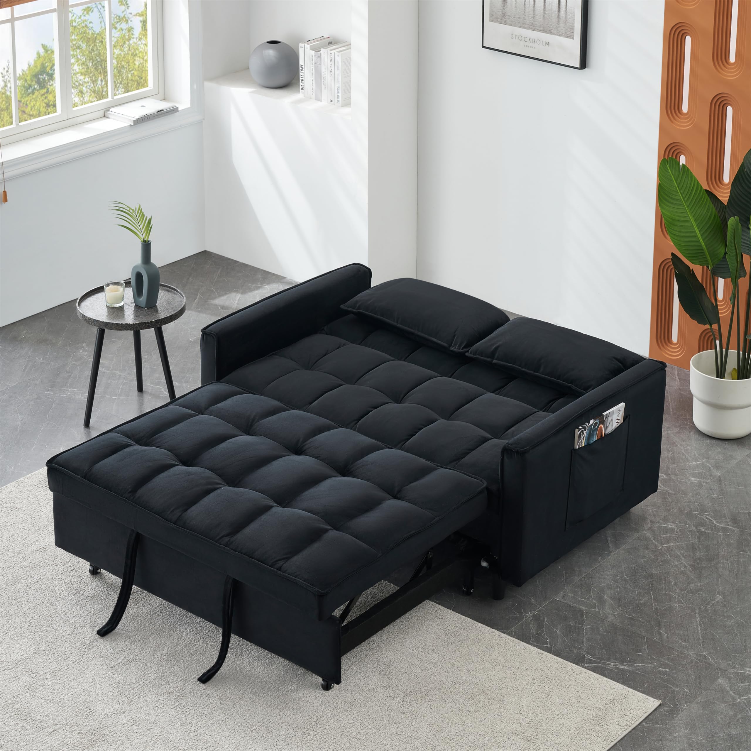 NDPQN 3 in 1 Convertible Sleeper Sofa Bed,Modern Pull Out Bed Couch, Velvet Upholstered Small Love Seat Lounge W/ 2 Pillows & Adjustable Back for Living Room Office (Velvet, Black)