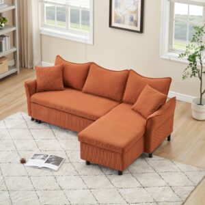 fhukmzoi 80" corduroy l-shaped convertible sectional couches sofa with reversible storage chaise, pull-out sleeper sofa bed with throw pillows for living room, office, apartment (orange)