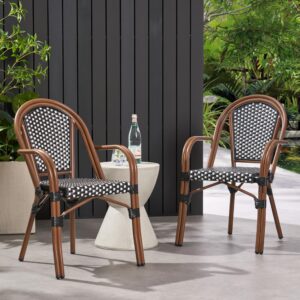 bksfoaa french bistro chairs set of 2 | outdoor hand-woven rattan wicker dining armchair for patio porch garden | double tube aluminum frame & bamboo print finish | black+white