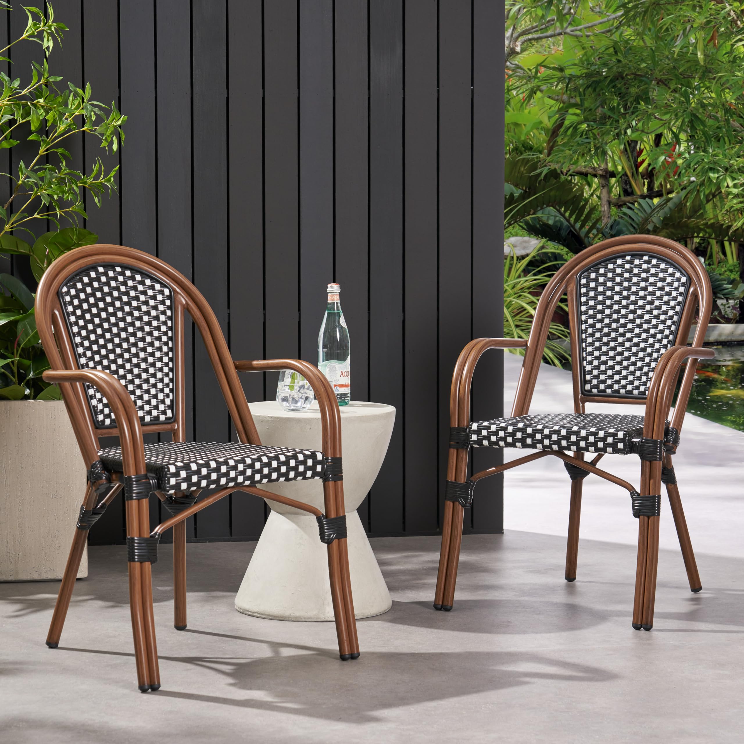 BKSFOAA French Bistro Chairs Set of 2 | Outdoor Hand-Woven Rattan Wicker Dining Armchair for Patio Porch Garden | Double Tube Aluminum Frame & Bamboo Print Finish | Black+White