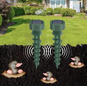 solar animal repeller, 360° ultrasonic repellent for moles, cats, dogs, deer, foxes, & skunks, ip65 waterproof, solar-powered, motion sensor & vibration, 2 pack for lawn & garden