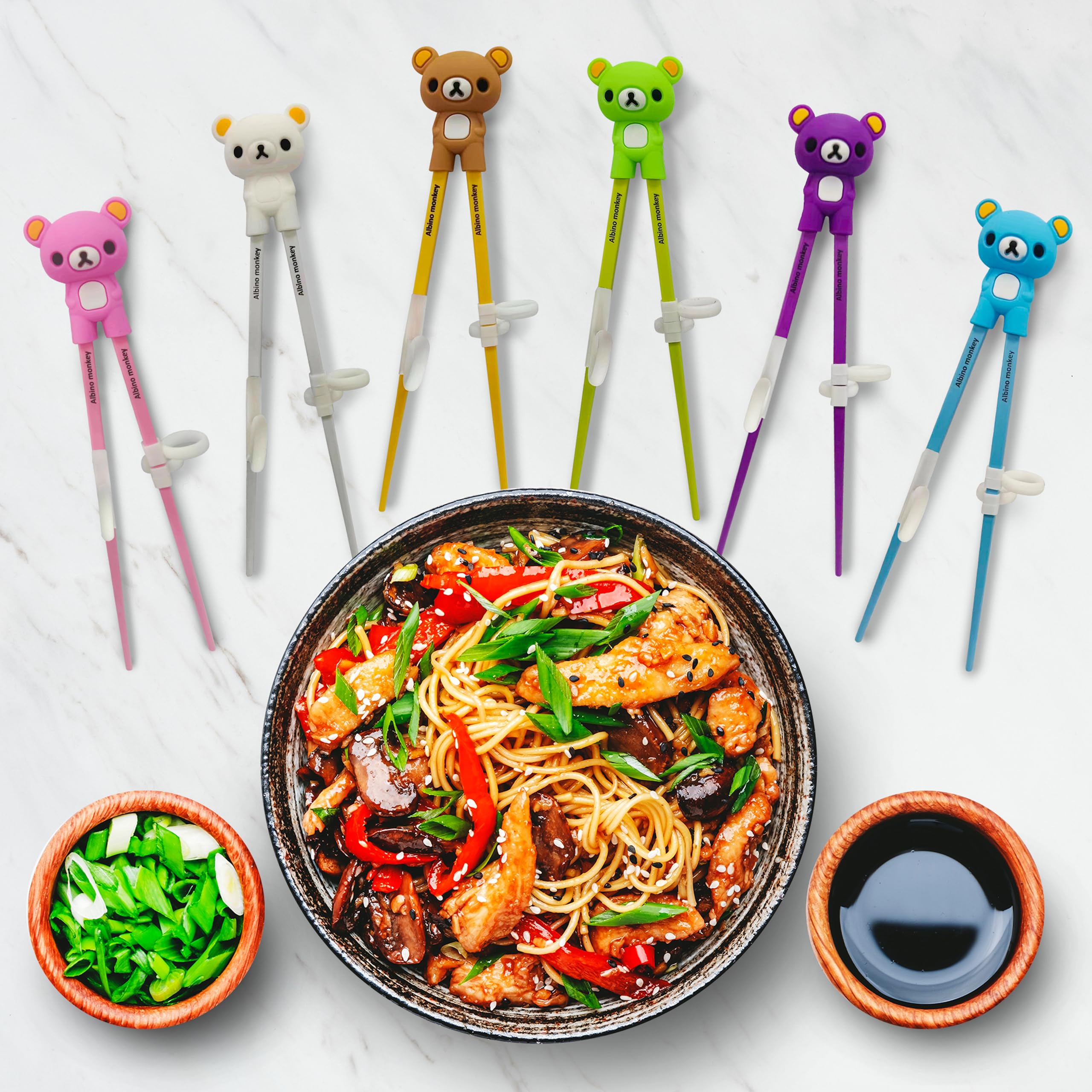 Kids Chopsticks For Beginners - Learning Edition - 6 Pairs + 6 Chopstick Helpers - Cute Bear Training Chopsticks, Dishwasher Safe