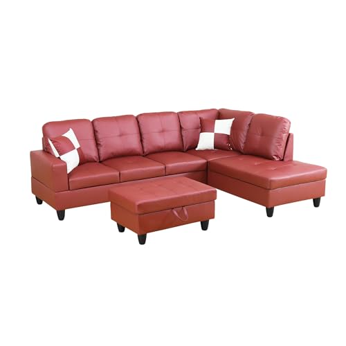 103" W Sectional Couches for Living Room, Faux Leather Couch with Storage Ottoman, Leather Sofa Brown Couches, Modular Sectional Sofa,Modular Sectional Couch for Living Room Furniture Sets, Red