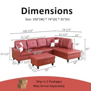 103" W Sectional Couches for Living Room, Faux Leather Couch with Storage Ottoman, Leather Sofa Brown Couches, Modular Sectional Sofa,Modular Sectional Couch for Living Room Furniture Sets, Red