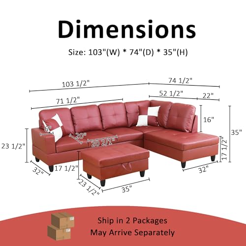 103" W Sectional Couches for Living Room, Faux Leather Couch with Storage Ottoman, Leather Sofa Brown Couches, Modular Sectional Sofa,Modular Sectional Couch for Living Room Furniture Sets, Red