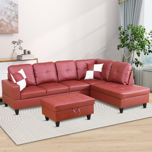 103" W Sectional Couches for Living Room, Faux Leather Couch with Storage Ottoman, Leather Sofa Brown Couches, Modular Sectional Sofa,Modular Sectional Couch for Living Room Furniture Sets, Red