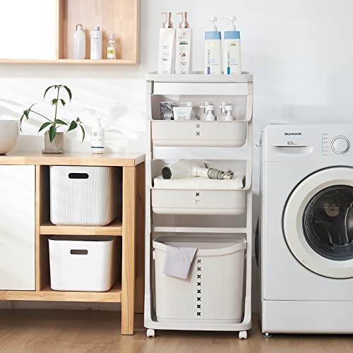 HOLMZCED 4 Tiers Standing Laundry Baskets with Wheels, Rolling Laundry Cart with Removable Laundry Basket Mobile Laundry Hampers Plastic Laundry Storage Cart White for Bedroom Laundry Room Bathroom