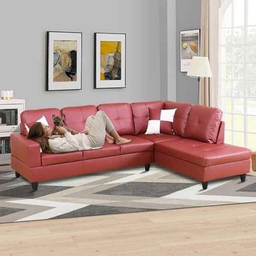 103" W Sectional Couches for Living Room, Faux Leather Couch with Storage Ottoman, Leather Sofa Brown Couches, Modular Sectional Sofa,Modular Sectional Couch for Living Room Furniture Sets, Red