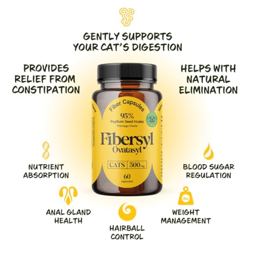 FiberSyl Ovatasyl Prebiotics for Cats Digestive Health - Cat Fiber Supplements for Constipation Relief & Support - Psyllium Husk Seed for Cat' Digestion Problems - Cat Stool Hardener - 60 Capsules