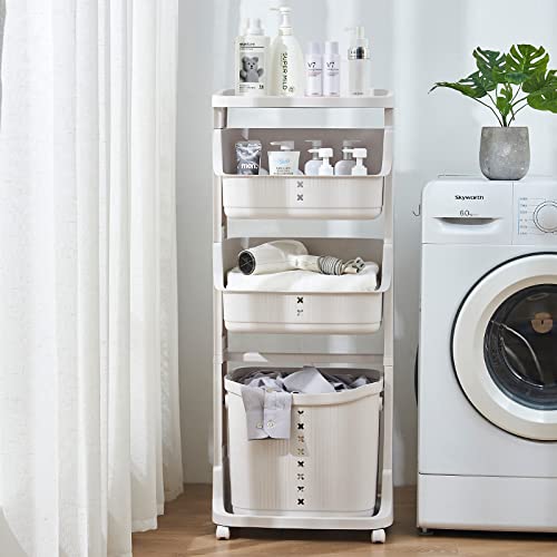 HOLMZCED 4 Tiers Standing Laundry Baskets with Wheels, Rolling Laundry Cart with Removable Laundry Basket Mobile Laundry Hampers Plastic Laundry Storage Cart White for Bedroom Laundry Room Bathroom