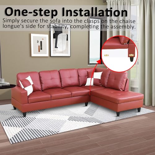 103" W Sectional Couches for Living Room, Faux Leather Couch with Storage Ottoman, Leather Sofa Brown Couches, Modular Sectional Sofa,Modular Sectional Couch for Living Room Furniture Sets, Red