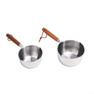 Mini Butter Melting Pot, Stainless Steel Hot Oil Pan Milk Butter Warmer with Wooden Handle Dual Pour Spout Small Sauce Pan Sauce Serving Pots(500ml)