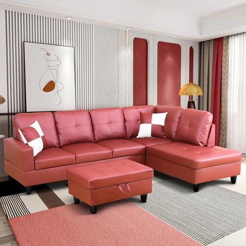 103" W Sectional Couches for Living Room, Faux Leather Couch with Storage Ottoman, Leather Sofa Brown Couches, Modular Sectional Sofa,Modular Sectional Couch for Living Room Furniture Sets, Red