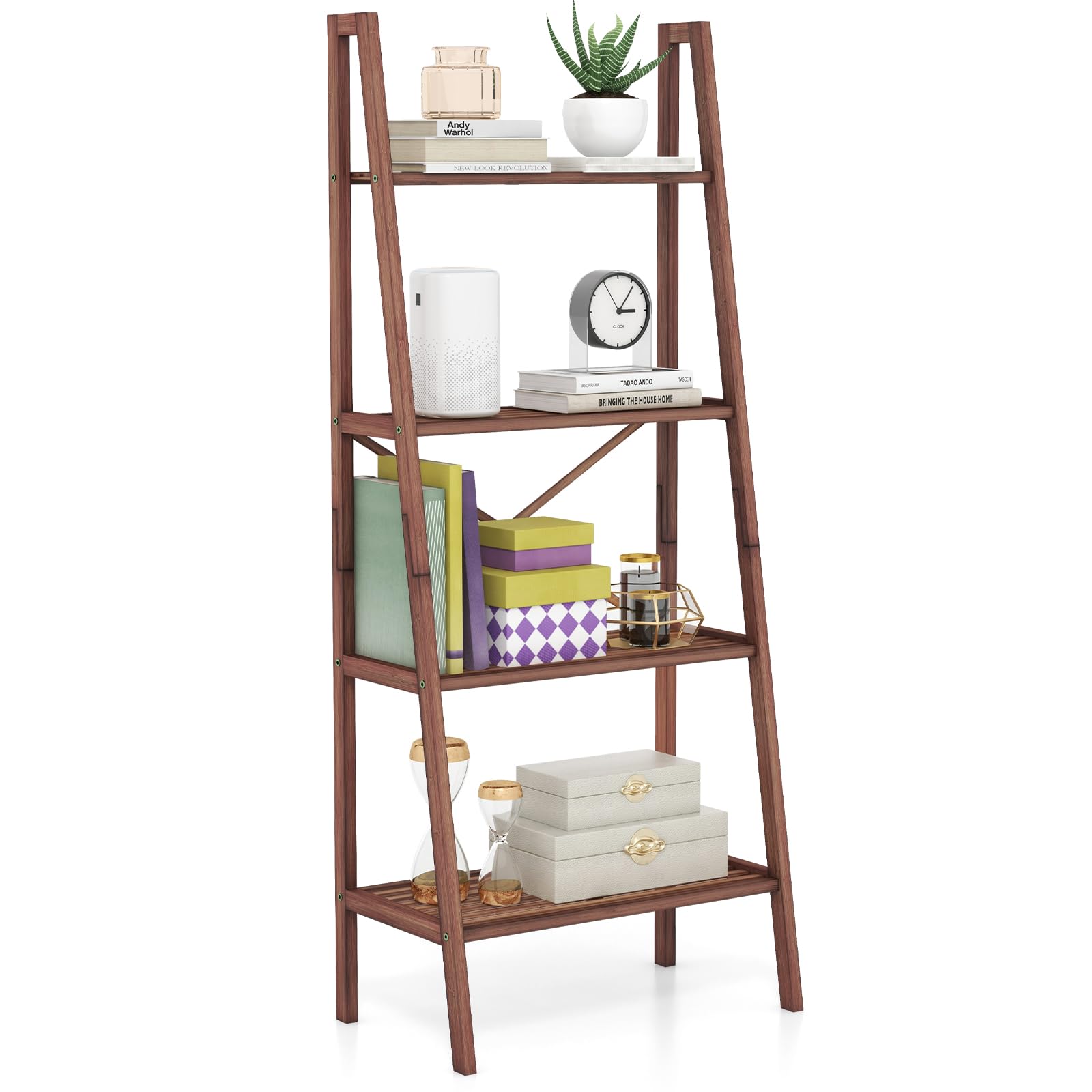 Giantex 4-Tier Bamboo Bookshelf, Indoor Free Standing Plant Stand Display Rack w/Anti-Tipping Device, Corner Bamboo Ladder Shelf for Small Space, Living Room, Kitchen, Bedroom, Office, Walnut