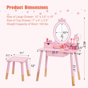 BRINJOY Kids Vanity Set with Light, Wooden Princess Vanity Table with Mirror & Stool & Jewelry Rack & Storage Board, Children Make Up Beauty Dressing Table for Girls Ages 3+