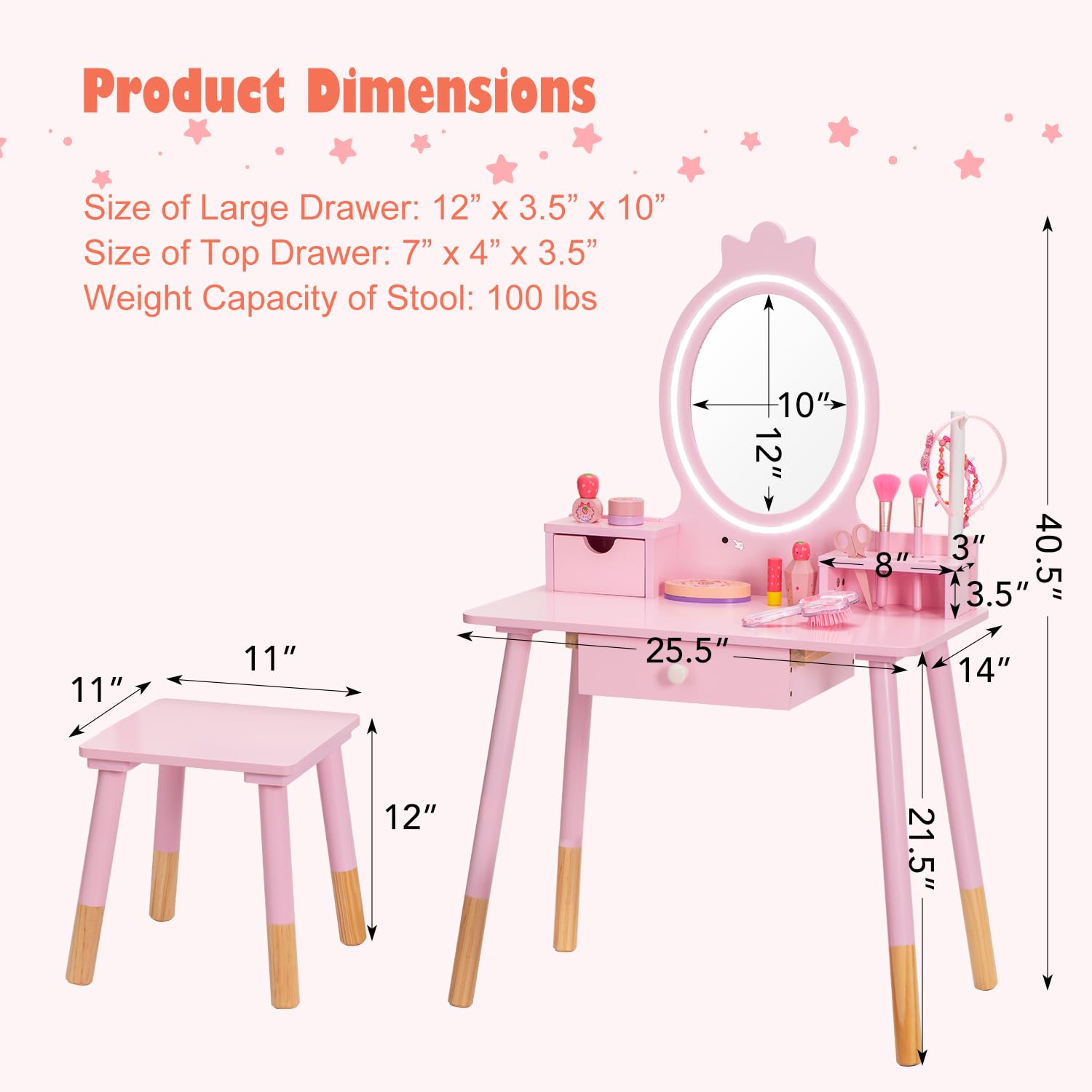 BRINJOY Kids Vanity Set with Light, Wooden Princess Vanity Table with Mirror & Stool & Jewelry Rack & Storage Board, Children Make Up Beauty Dressing Table for Girls Ages 3+