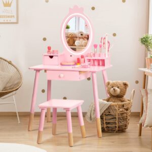 brinjoy kids vanity set with light, wooden princess vanity table with mirror & stool & jewelry rack & storage board, children make up beauty dressing table for girls ages 3+