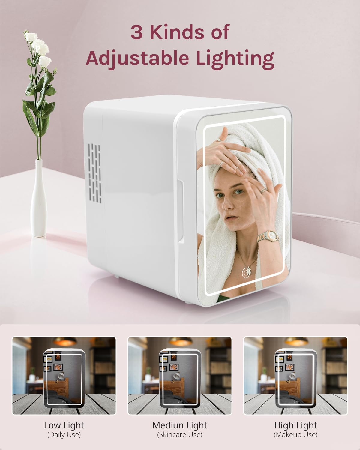 FETIONS Mini Skincare Fridge with Adjustable LED Make Up Mirror, Portable Refrigerator 4L/6 Can Cooler & Warmer, Compact for Skincare,Food and Drinks, Small Fridge for Bedroom,Dorm,Car,Office, White