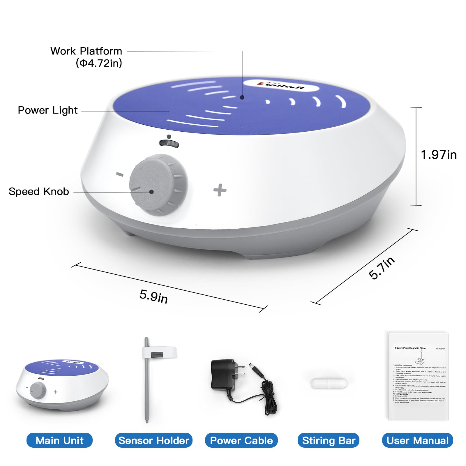 Etallwit Magnetic Stirrer Mixer Laboratory Stir Plate with Stir Bar Max Stirring Capacity 3000mL for Lab and Homebrew(No Heating)