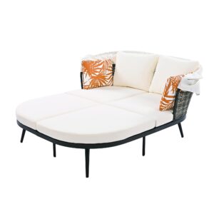 RuiSiSi 74.8”L Patio Daybed with Retractable Canopy, Outdoor Rattan PE Wicker Back Loveseat Sofa Set with Throw Pillows and Cushions for Backyard, Poolside, Garden, Beige