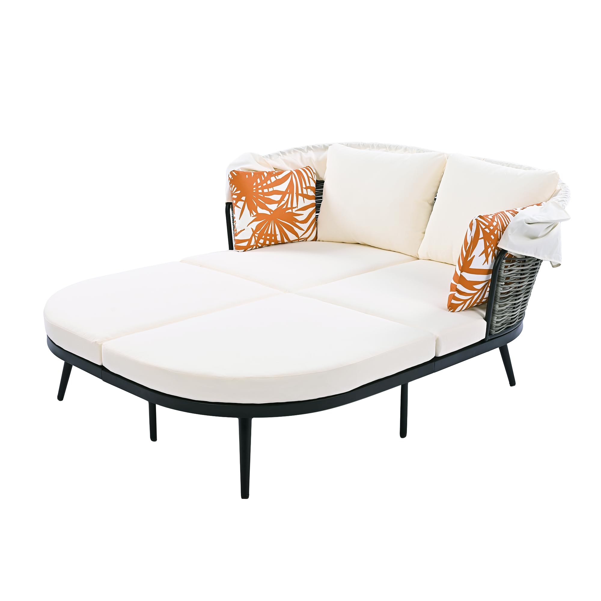 RuiSiSi 74.8”L Patio Daybed with Retractable Canopy, Outdoor Rattan PE Wicker Back Loveseat Sofa Set with Throw Pillows and Cushions for Backyard, Poolside, Garden, Beige