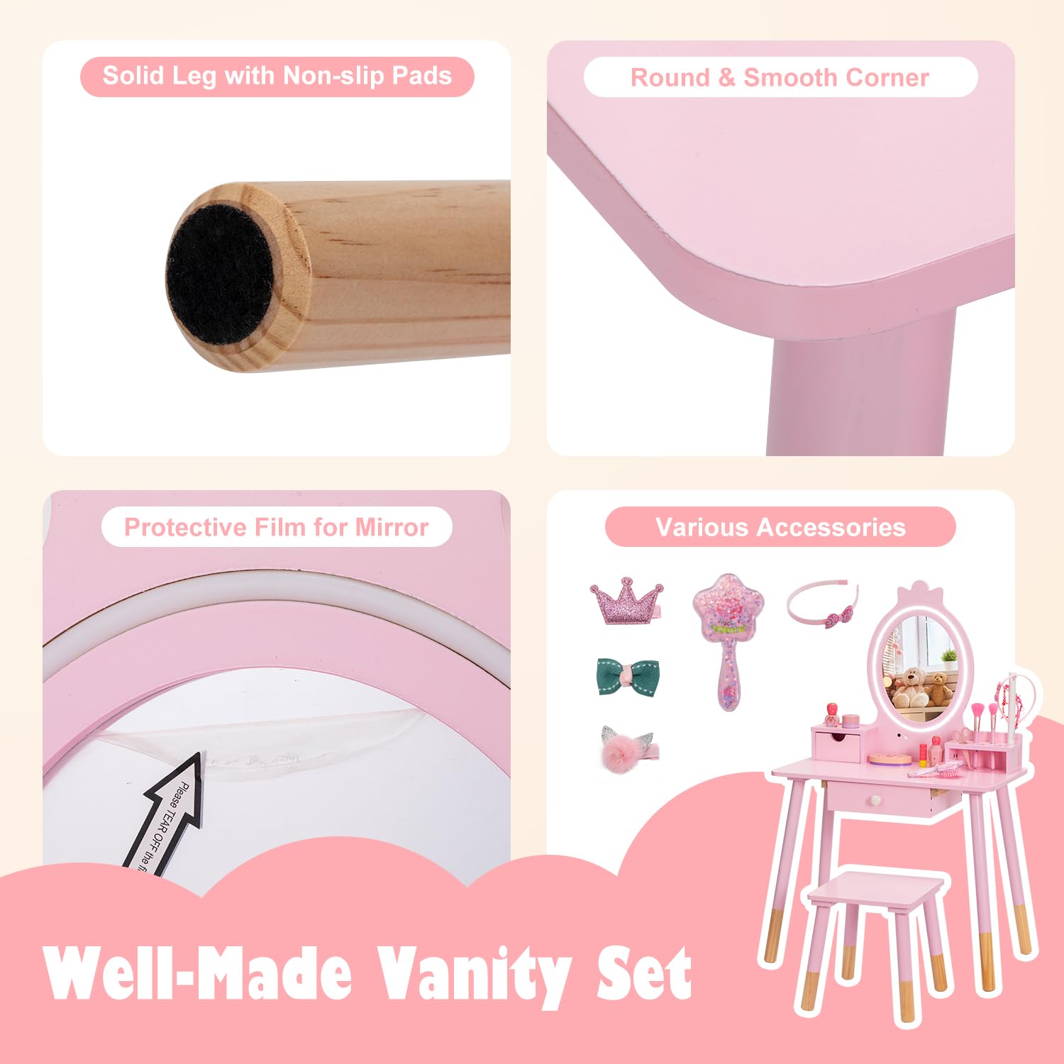 BRINJOY Kids Vanity Set with Light, Wooden Princess Vanity Table with Mirror & Stool & Jewelry Rack & Storage Board, Children Make Up Beauty Dressing Table for Girls Ages 3+