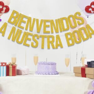 KEWUFD Spanish Welcome To Our Wedding Banner, Funny We're Engaged Decorations Wedding Party Decorations Bridal Shower Photo Prop Sign Gold Glitter